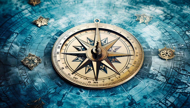 A Close Up of a Compass on a Blue Map Stock Illustration - Illustration ...