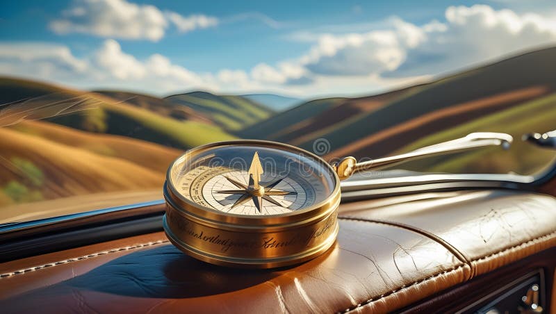 A Compass on a Car Dashboard with a Panoramic View of Rolling Hills ...
