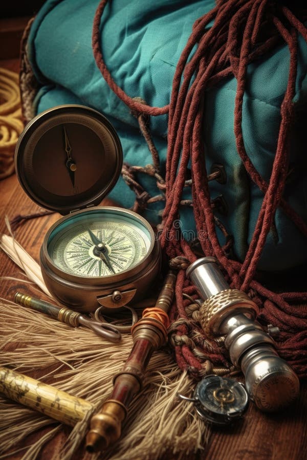 Close-up of a Compass and Hiking Gear Stock Illustration - Illustration ...