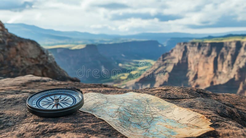 Close-up of a Compass and Map on a Rock, with a Vast Wilderness Stock ...