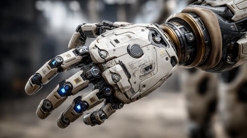 Close-up of Complex AI Robotic Hand with Intricate Details and Blue Led Lights in a High-tech ...
