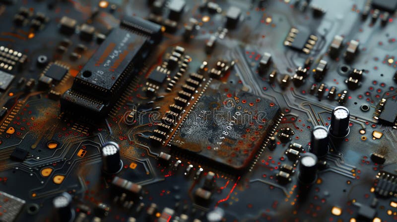 Close-up of Complex Electronic Circuit Board with CPU, Motherboard, and ...