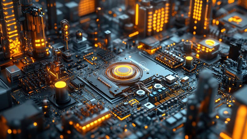 Close-up of a Complex, Glowing Circuit Board with Intricate Details and ...