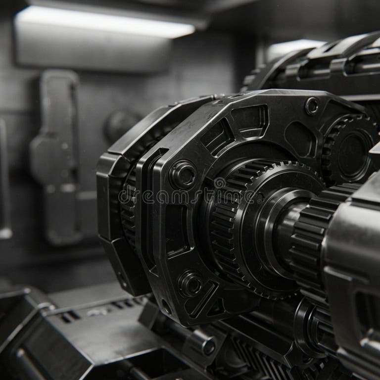 Close-up of a Complex Mechanical Component in a Dark, Industrial ...