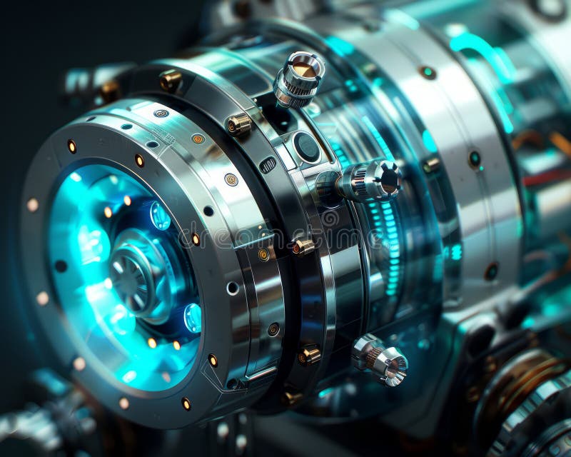 Close Up of a Complex Mechanical Equipment with Vibrant Blue Lighting ...