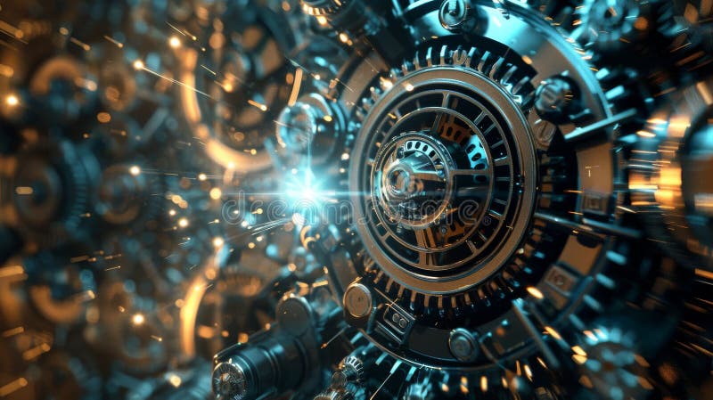 Close-up of Complex Mechanical Gears in Motion, with Dynamic Spark ...