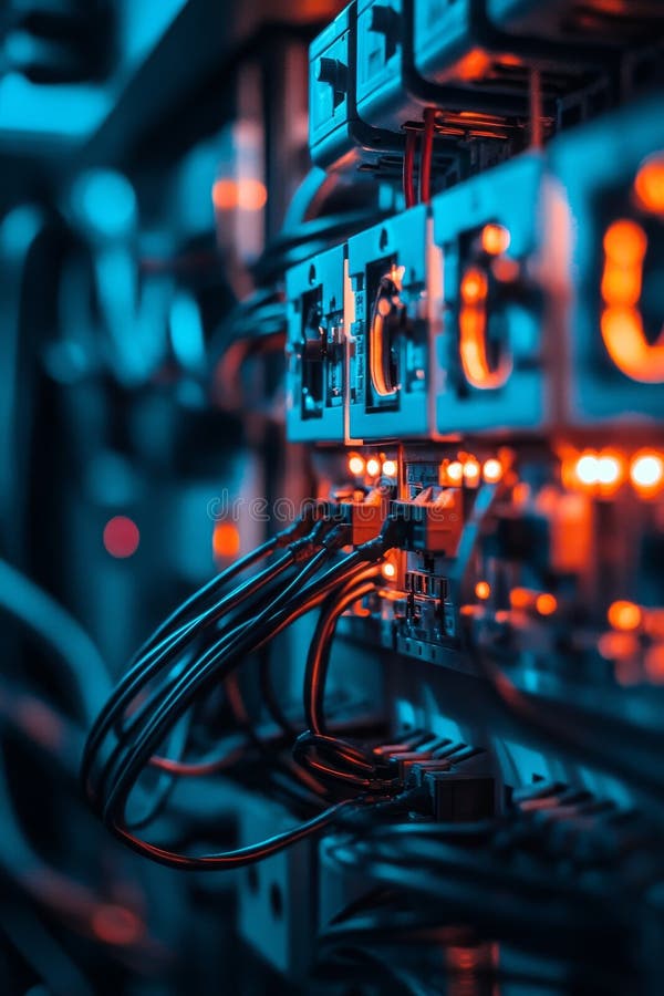 Close-Up of Complex Server Room Electronics with Illuminated Circuit ...