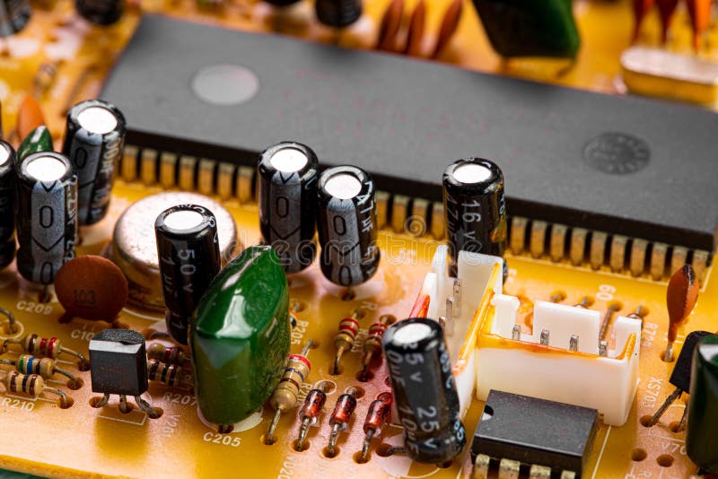 Close Up of Components and Microchips on Old PC Circuit Board Stock ...