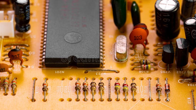 Close Up of Components and Microchips on Old PC Circuit Board Stock ...
