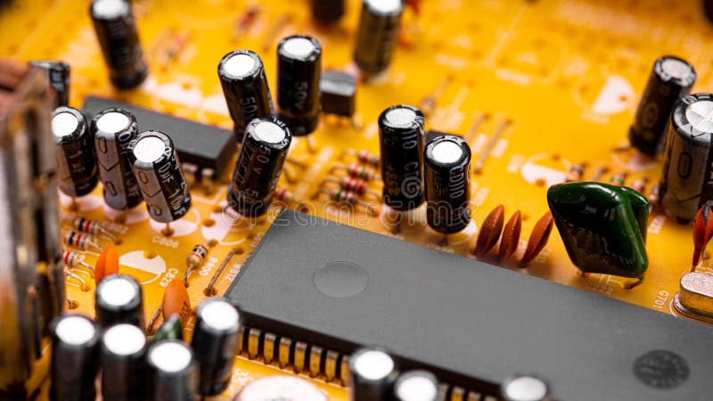 Close Up of Components and Microchips on Old PC Circuit Board Stock ...