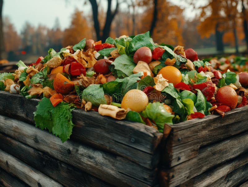 Close-up of a Compost Bin Overflowing with Organic Food Scraps and ...