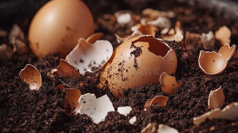 Close-Up of Compost Progress Featuring Eggshells and Soil Texture Stock ...