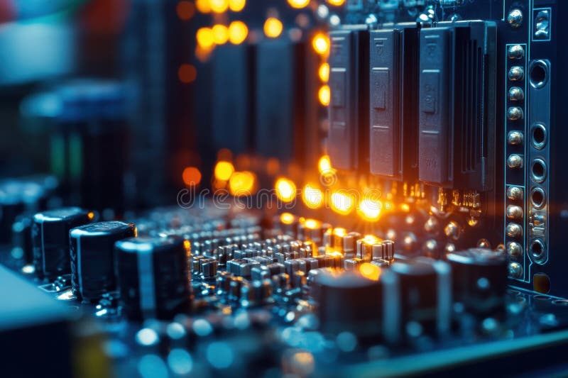 A Close Up of a Computer Board with a Yellow Light on it Stock ...