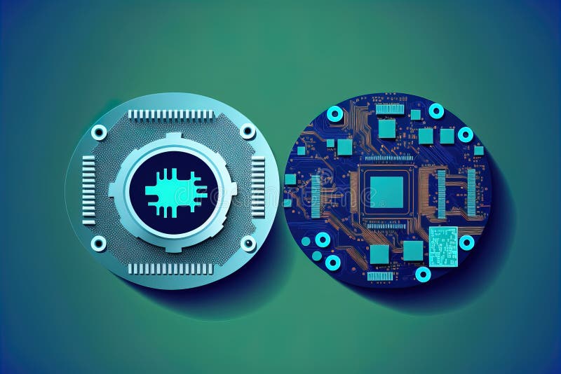 A Close Up of a Computer Chip with a Blue Background and a Green ...