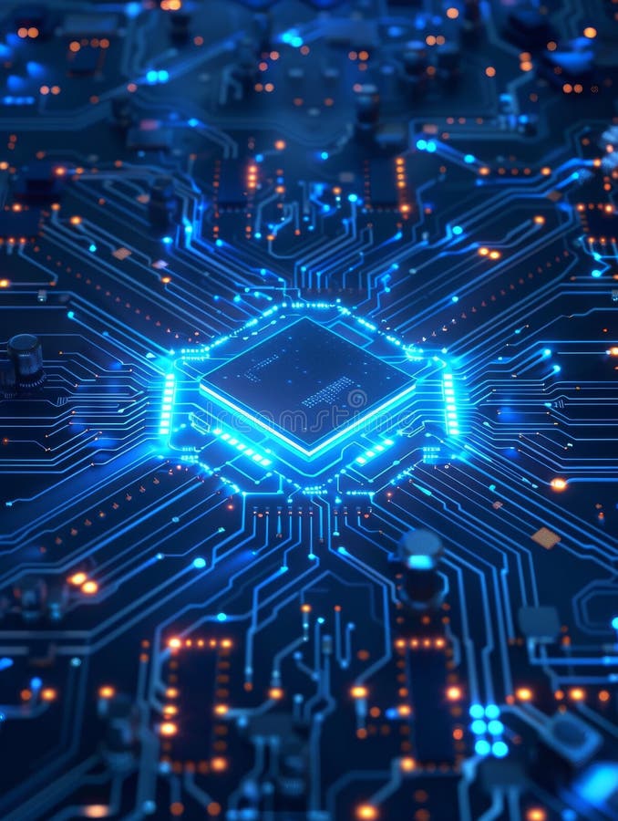 A Close Up of a Computer Chip with a Blue and Orange Glow. Futuristic ...