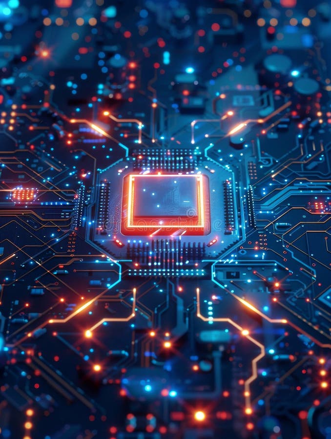 A Close Up of a Computer Chip with a Blue and Orange Glow. Futuristic ...