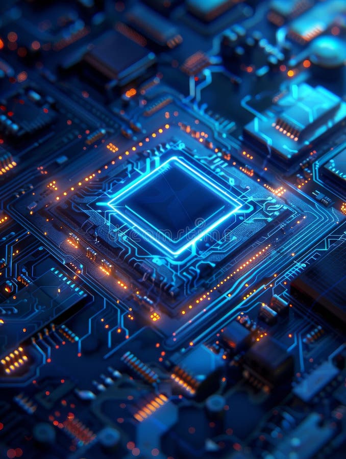 A Close Up of a Computer Chip with a Blue and Orange Glow. Futuristic ...
