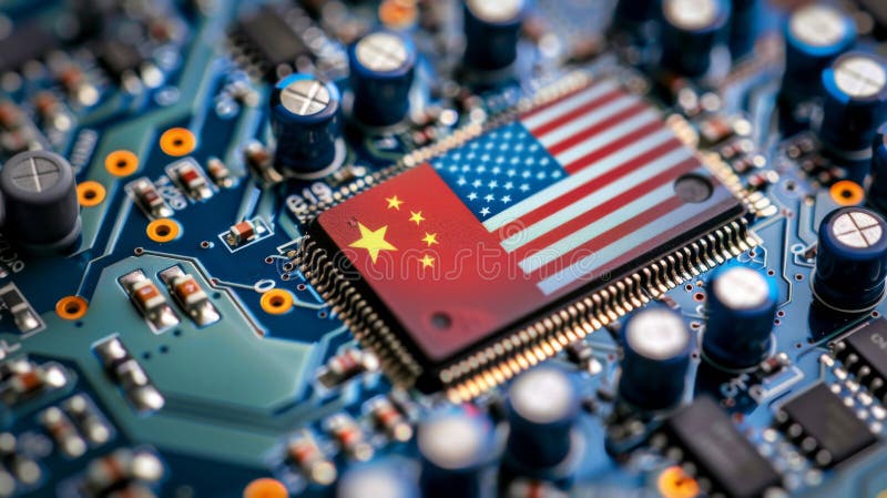A Close Up of a Computer Chip with the Chinese and American Flags on it ...