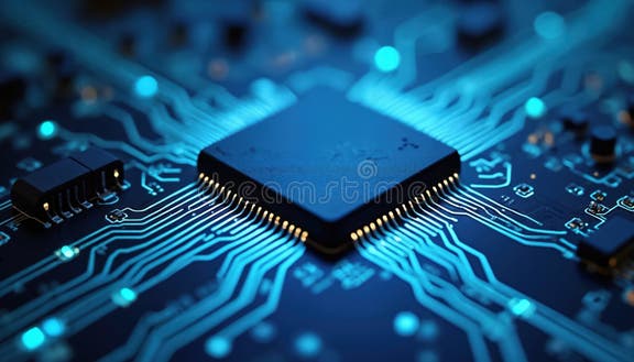 Close-up of a Computer Chip Circuit Board with Glowing Lines. Tech ...