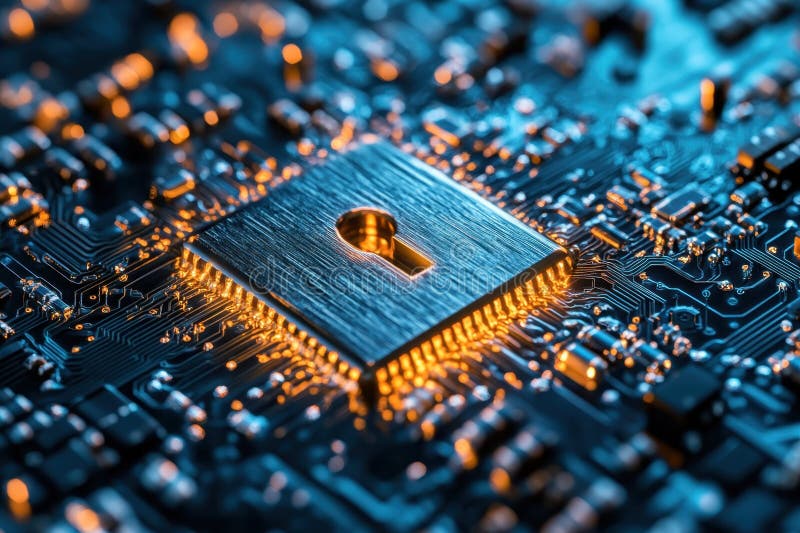 Close-up of a Computer Chip Featuring a Golden Lock Symbol Illuminated ...