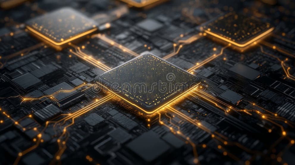 Close-up of a Computer Chip with Glowing Circuits, Representing ...