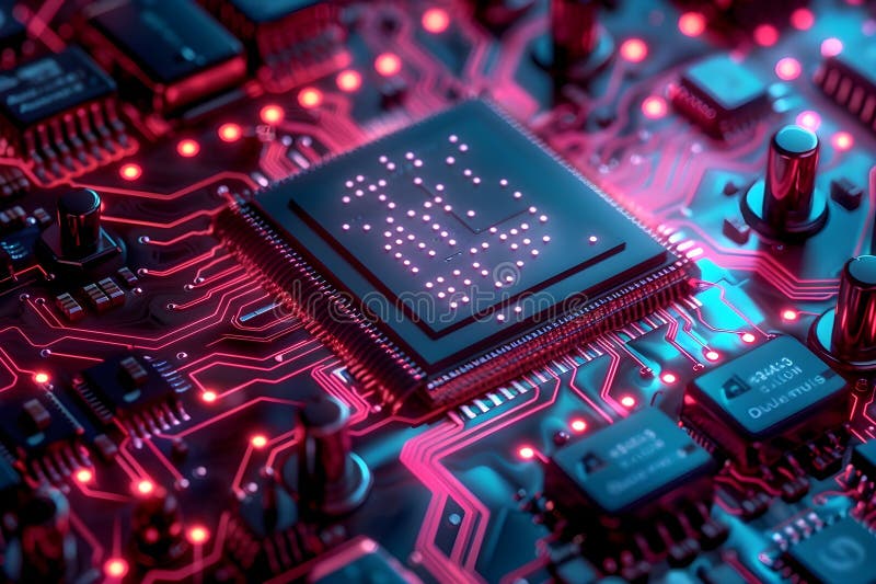 Close-up of a Computer Chip with Glowing Red and Blue Lights on a ...