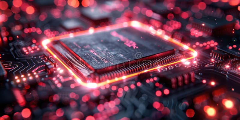 Close-up of a Computer Chip Glowing with Red Light. Created by ...