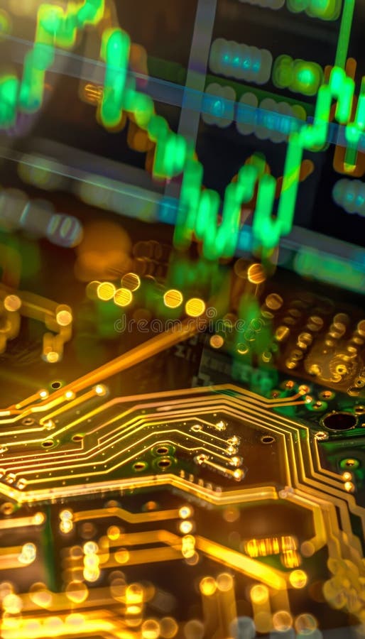 Close Up of a Computer Chip with Golden Circuits and Blurred Green ...