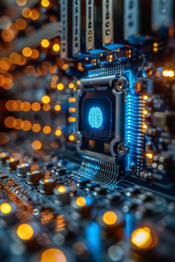 A Close Up of a Computer Chip with Lights Shining on it, AI Stock ...