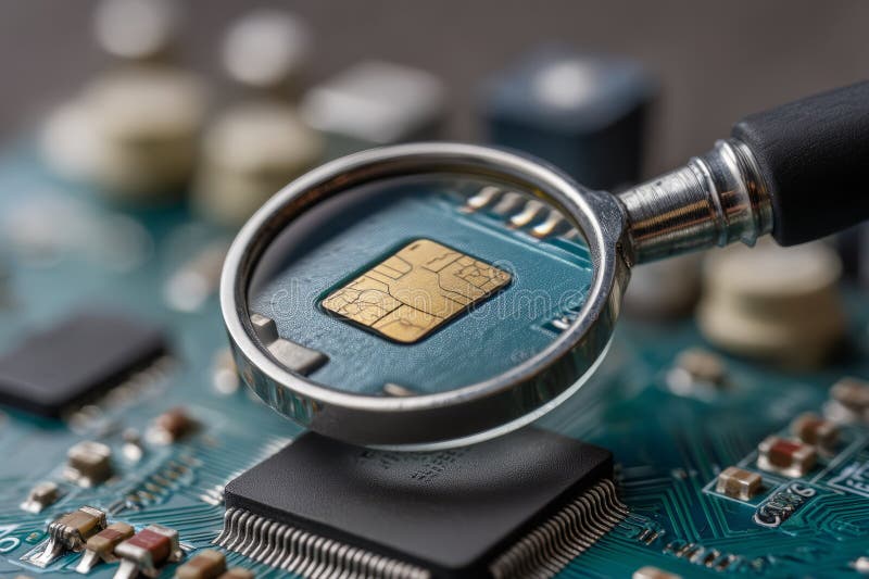 Close-up of Computer Chip with Magnifying Glass on Circuit Board ...