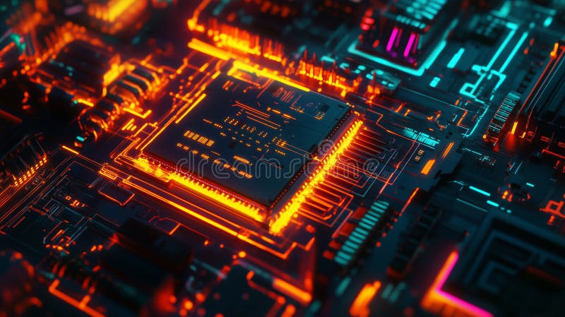 Close Up of Computer Chip on Mainboard with High-tech Neon Light Stock ...