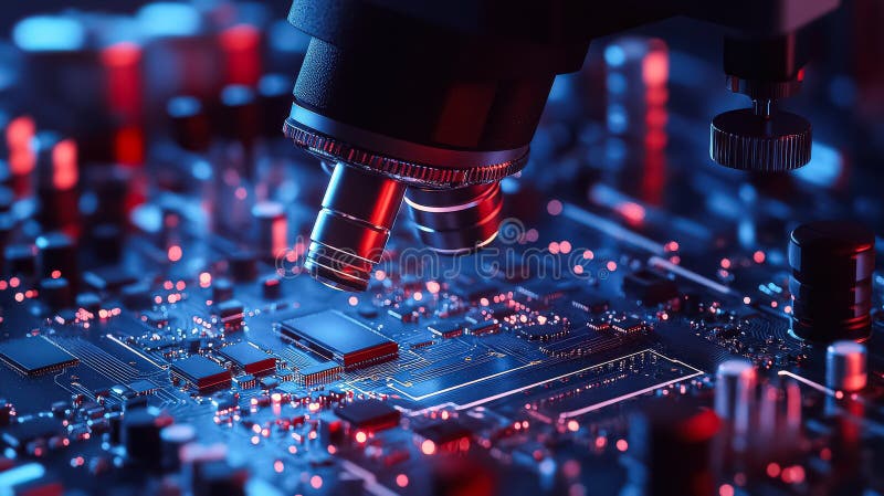 Close Up of a Computer Chip with a Microscope on it Stock Photo - Image ...