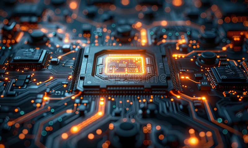 A Close Up of a Computer Chip with Orange Glowing Highlights Stock ...
