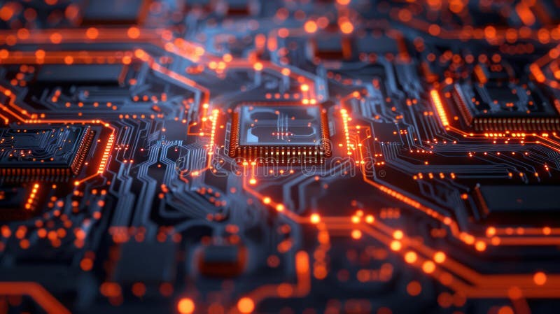 A Close Up of a Computer Chip with Orange Glowing Lights on a Black ...
