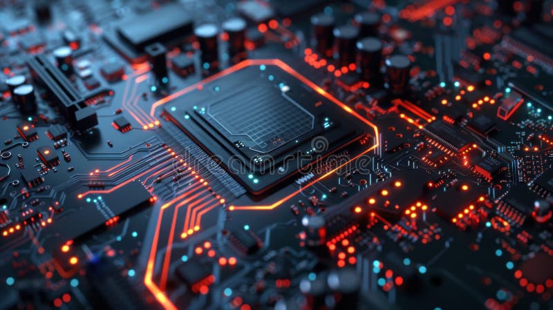 A Close Up of a Computer Chip with a Red and Blue Color Scheme Stock ...