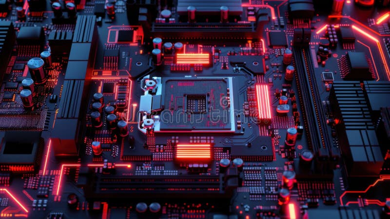 A Close Up of a Computer Chip with a Red and Blue Color Scheme Stock ...
