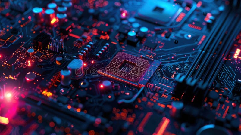A Close Up of a Computer Chip with a Red and Blue Color Scheme Stock ...