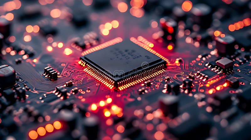 A Close-up of a Computer Chip with Red Glowing Lights in the Background ...