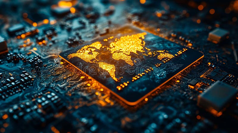 A Close Up of a Computer Chip with a World Map on it Stock Photo ...