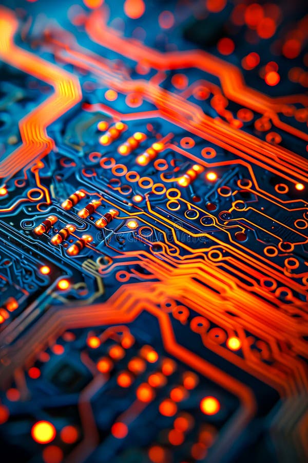 Close Up Of Computer Circuit Board With Glowing Orange And Yellow Components Generative Ai