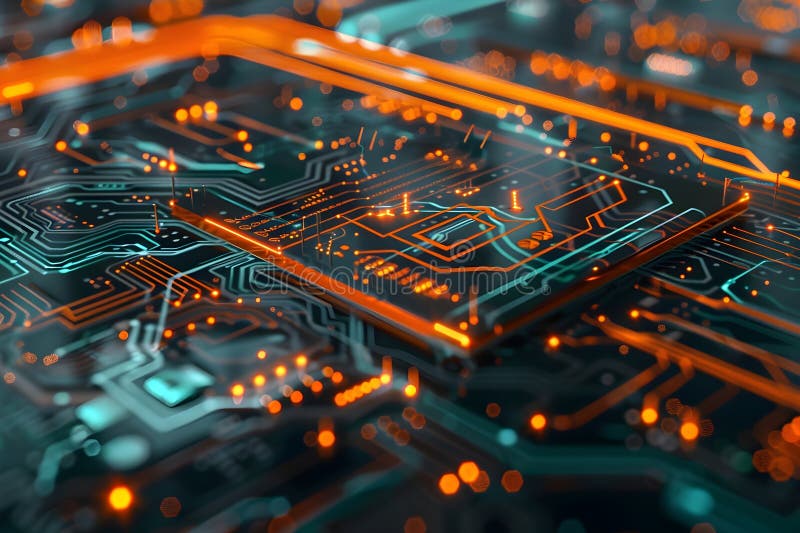A Close-up of a Computer Circuit Board with Orange and Blue Lights ...