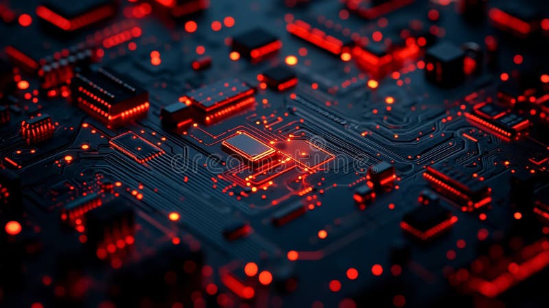 A Close Up of a Computer Circuit Board with Red Lights Stock ...