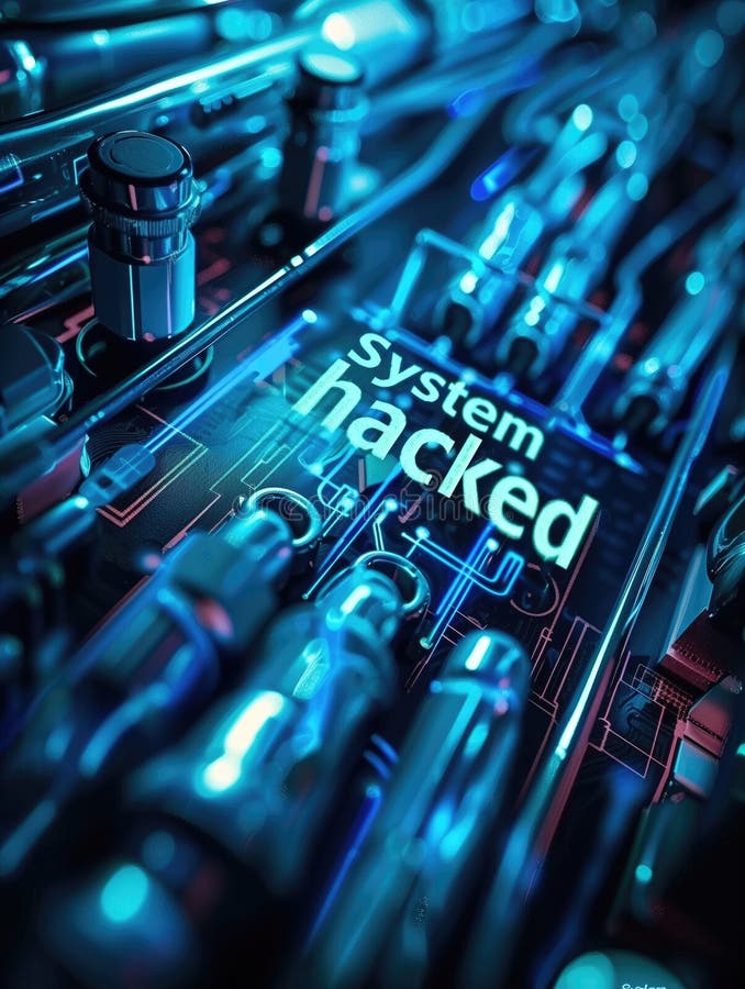 Close-up of a Computer Circuit Board with "System Hacked" Text in ...