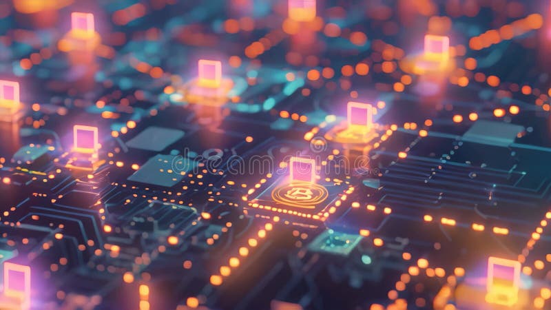 Close Up of Computer Circuit with Glowing Lights, an Interconnected ...