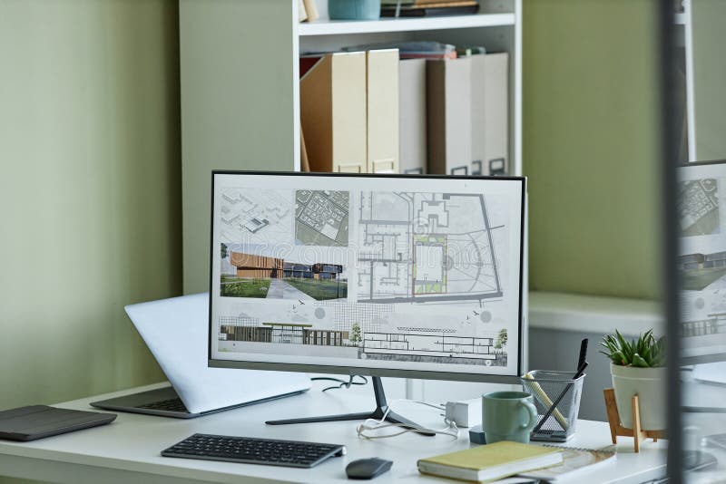 Close Up of Computer with 3D Blueprints Stock Image - Image of ...