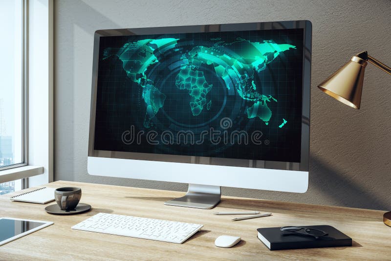 Close Up of Computer with Digital World Map Interface on Desktop ...