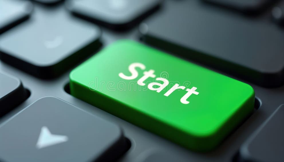 Close-up Computer Keyboard with Bright Green Start Button. Modern ...