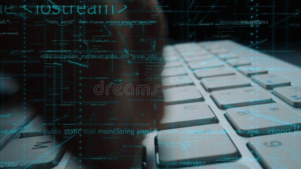 Close-up of a Computer Keyboard with Glowing Data Streams and Code ...