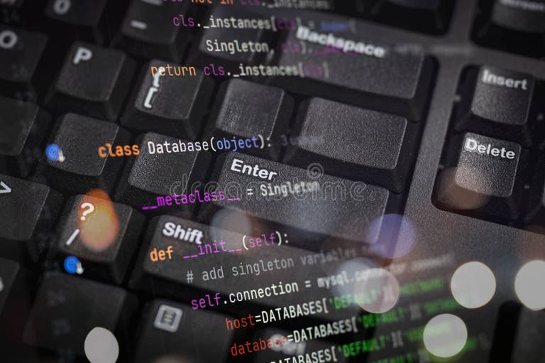 Close-up of Computer Keyboard with Python Code Overlay, Illustrating Software Development ...