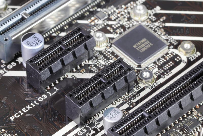 Close-up Computer Mainboard with Pcie X1 and X16 Slot on Computer ...